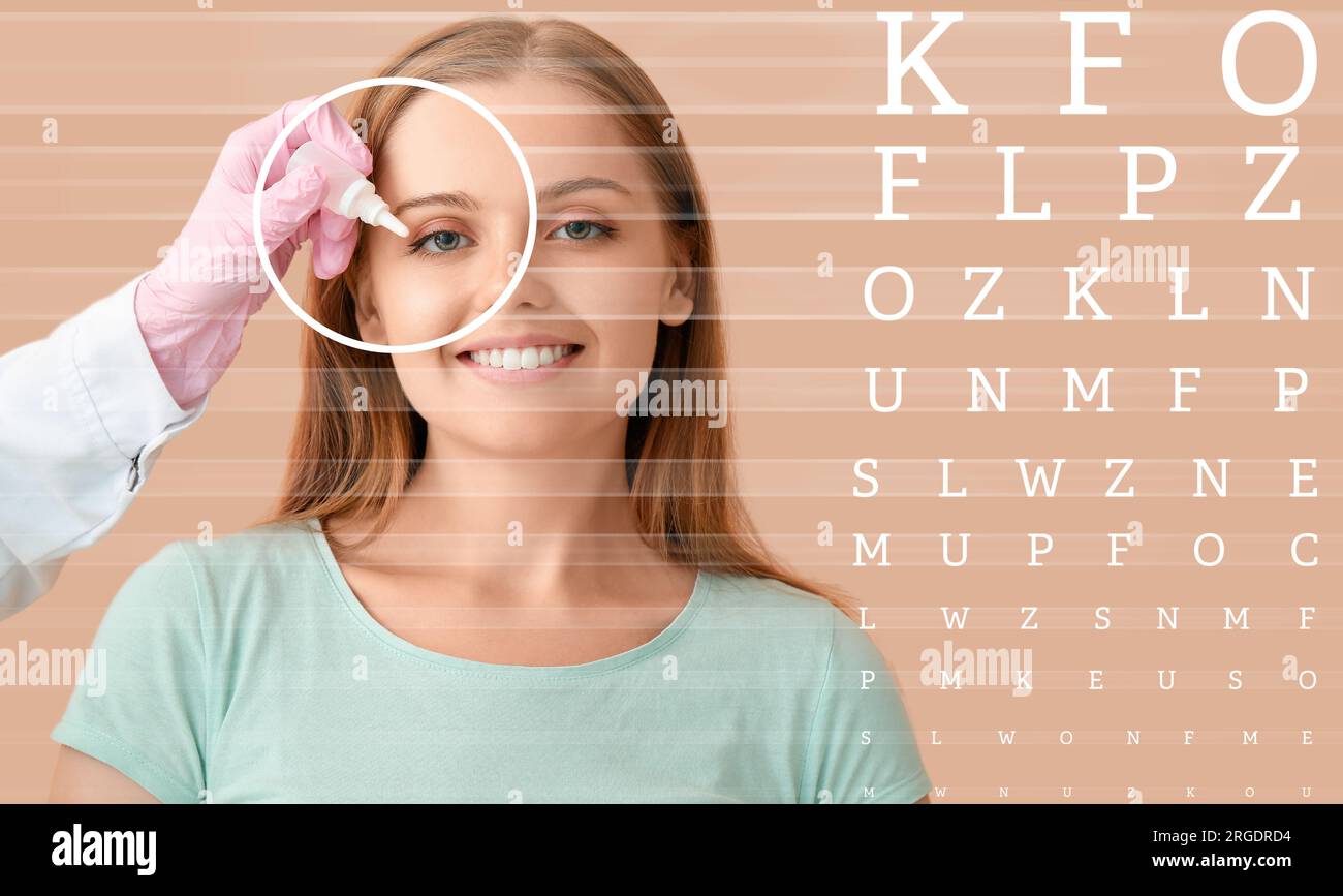 Ophthalmologist putting drops into young woman's eye and test chart on ... Ophthalmologist putting drops into young woman's eye and test chart on ...