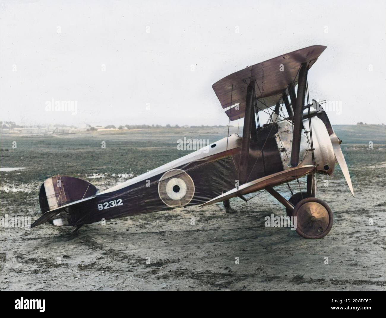 A British Sopwith F1 Camel fighter biplane on an airfield during the ...