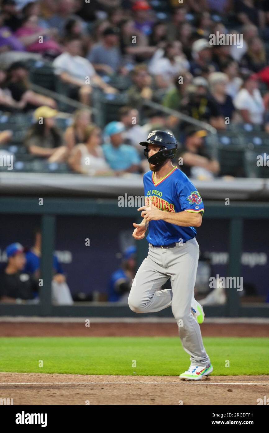 August 5 2023: El Paso third baseman Jantzen Witte (9) scores a run ...