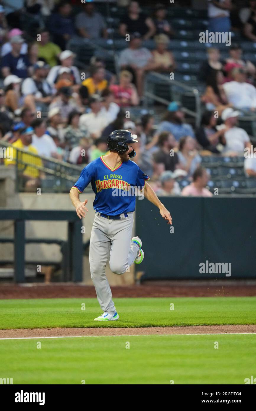 August 5 2023: El Paso third baseman Jantzen Witte (9) scores a run ...