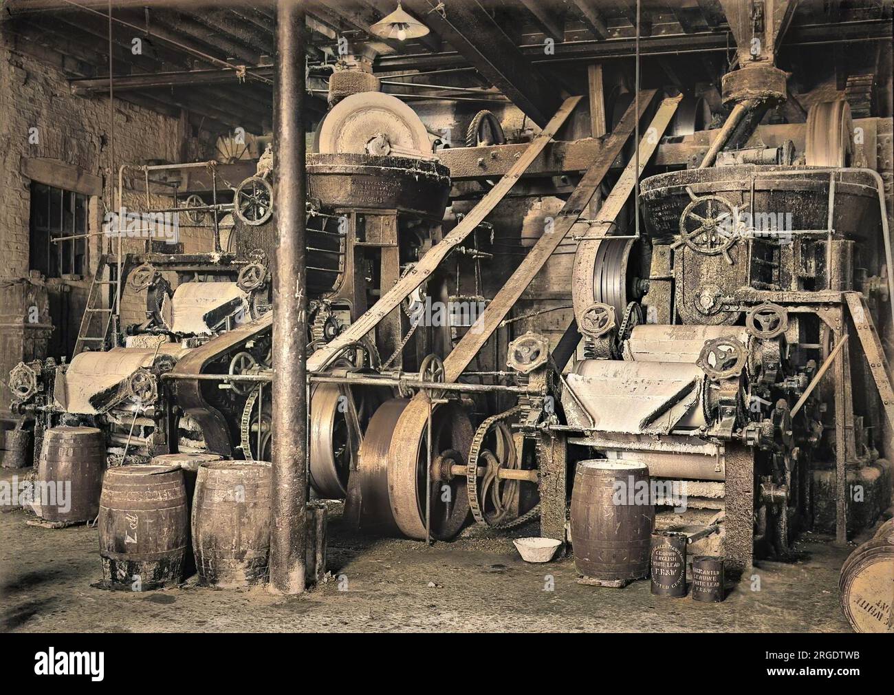 An array of machinery in a factory manufacturing white lead, used to ...