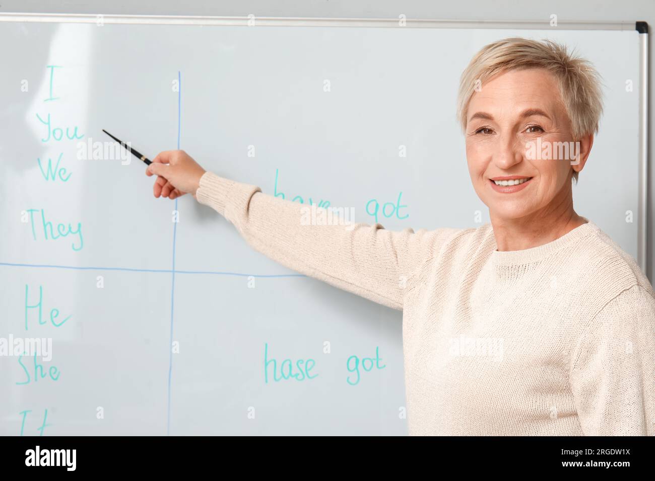 Female teacher conducting English grammar near flipboard in classroom ...