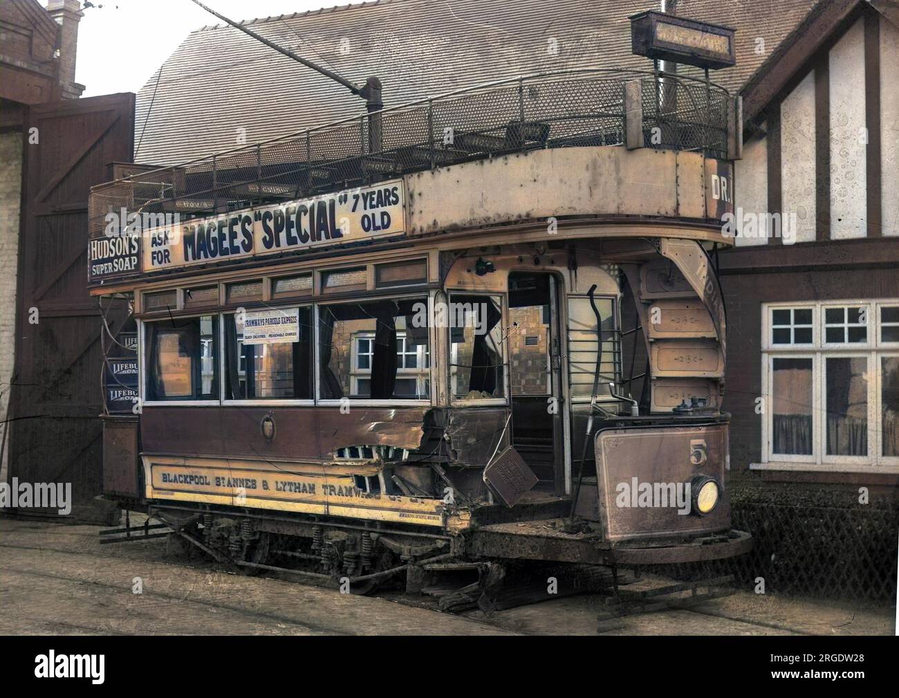 A disused tram of the Blackpool St Annes & Lytham Tramways, damaged and ...