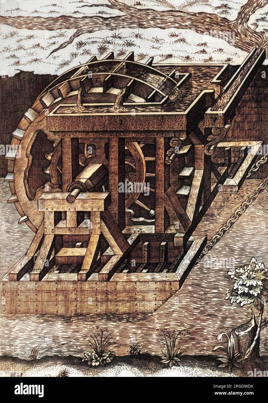 A 1588 engraving of a wooden water raising wheel, the wheel was ...