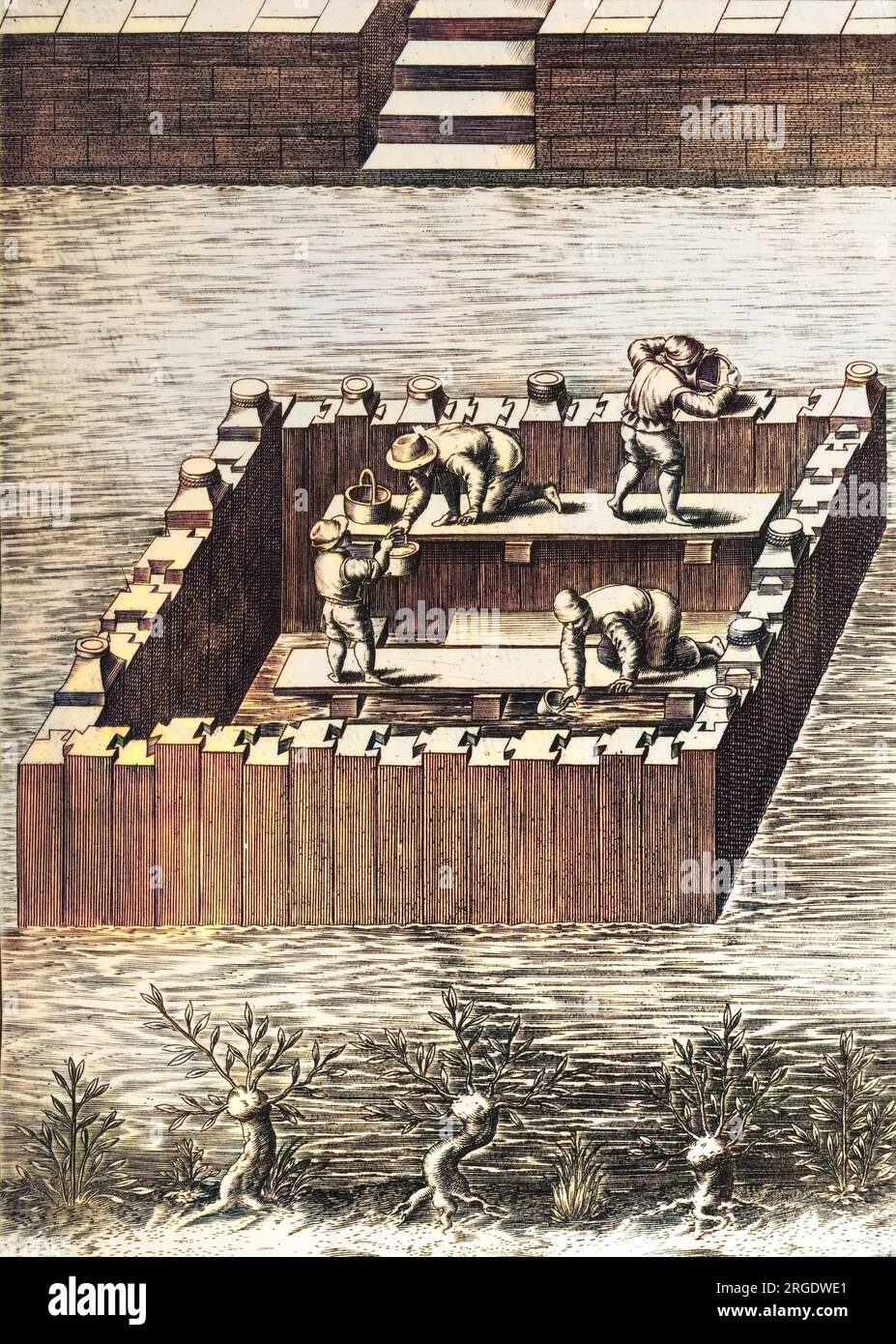 An engraving of a caisson - a watertight structure designed to be used ...