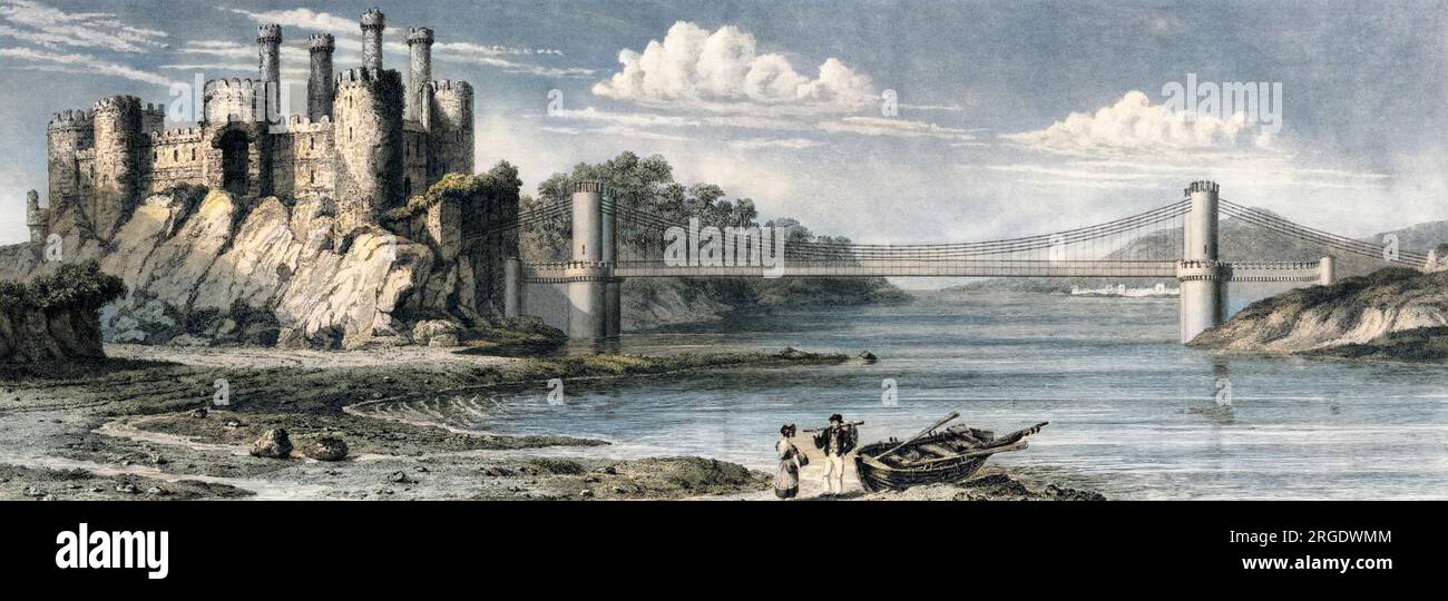Conway (Conwy) Castle and suspension bridge in North Wales. The bridge ...