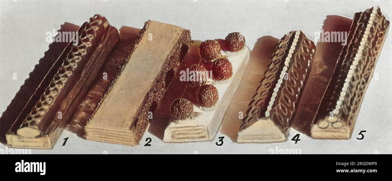 Petite Dessert Pastries Before Cutting. (1) Filbert Strip, (2) Dobois ...