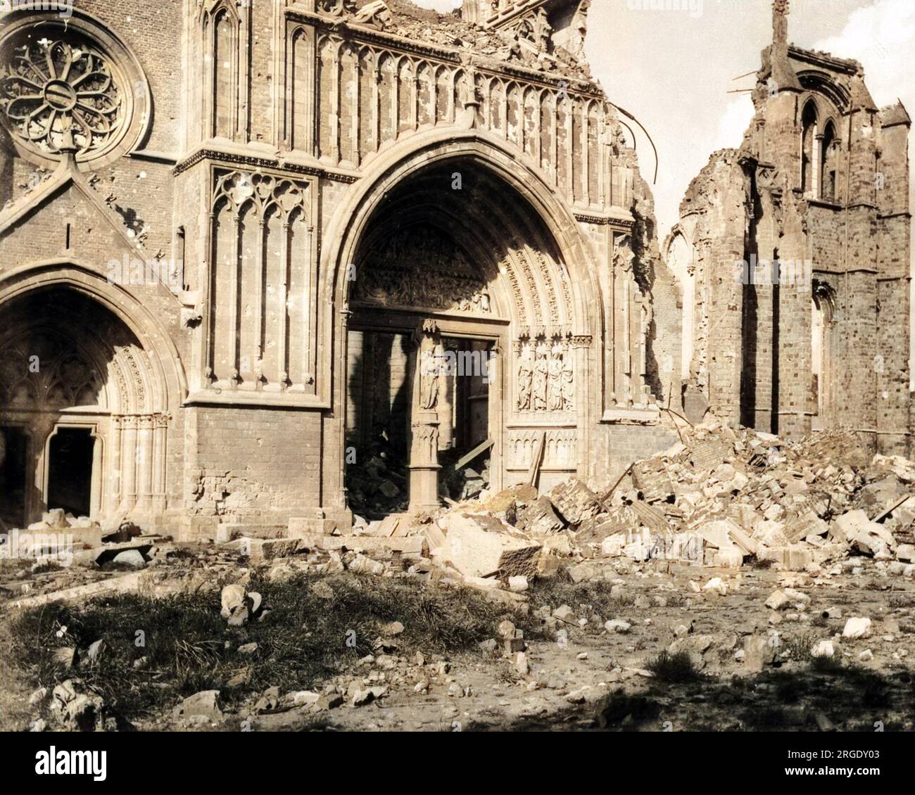 View of the main entrance of Ypres Cathedral, Belgium, after bombing on ...