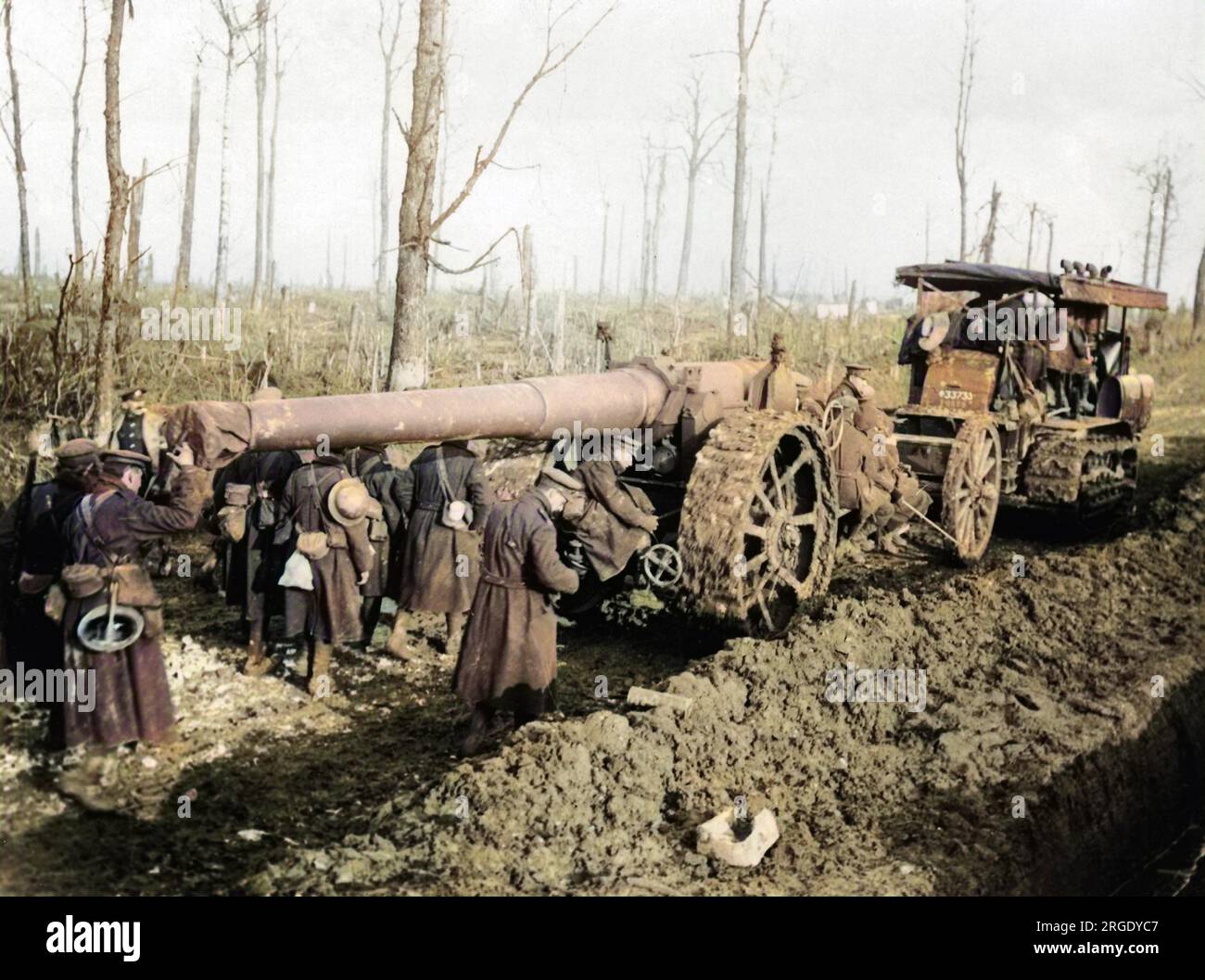 A big gun being transported by a tractor to the front line on the ...