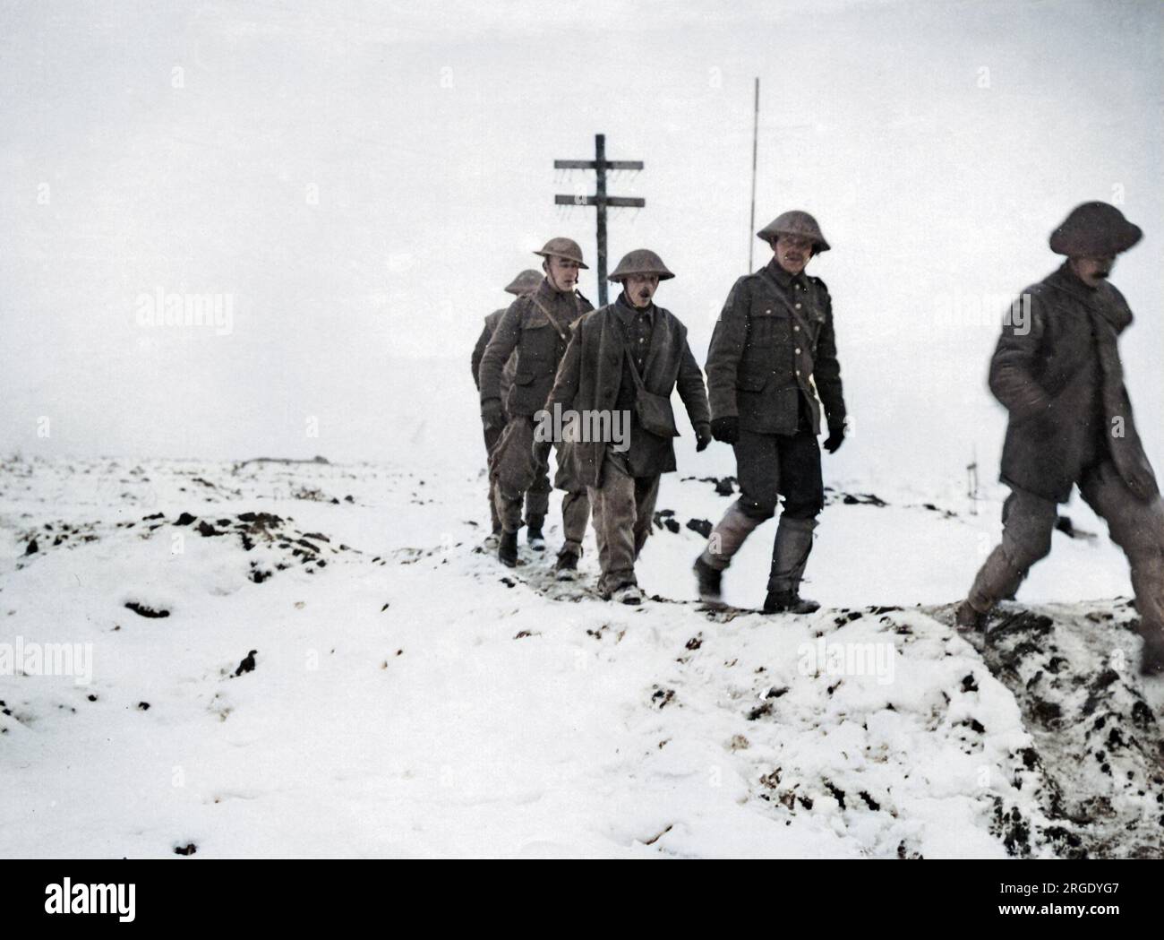 British soldiers walking through the snow on the Western Front during ...