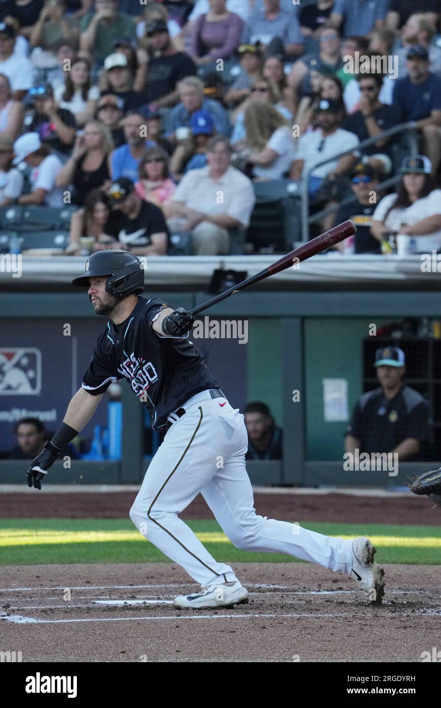 August 5 2023: Salt Lake catcher Chris Okey (26) gets a hit during the ...