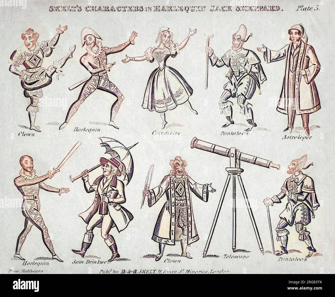 A variety of characters for a puppet toy theatre pantomime of Harlequin ...