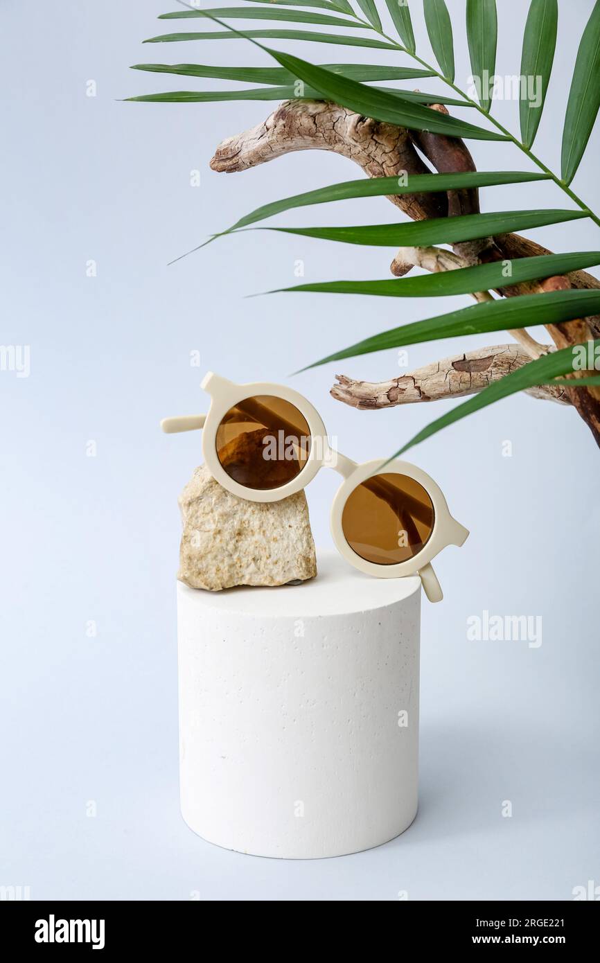 Decorative podium with stylish sunglasses and palm leaf on white ...