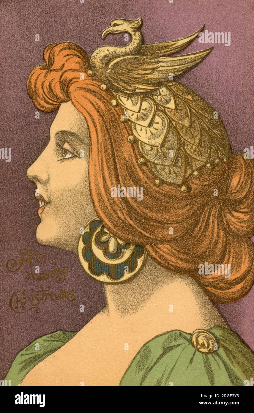 Christmas Greetings Postcard featuring a glamorous flame-haired young ...
