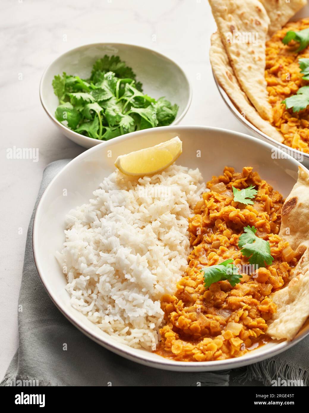 Bowl of Red Lentil Dahl with Basmati Rice Stock Photo - Alamy