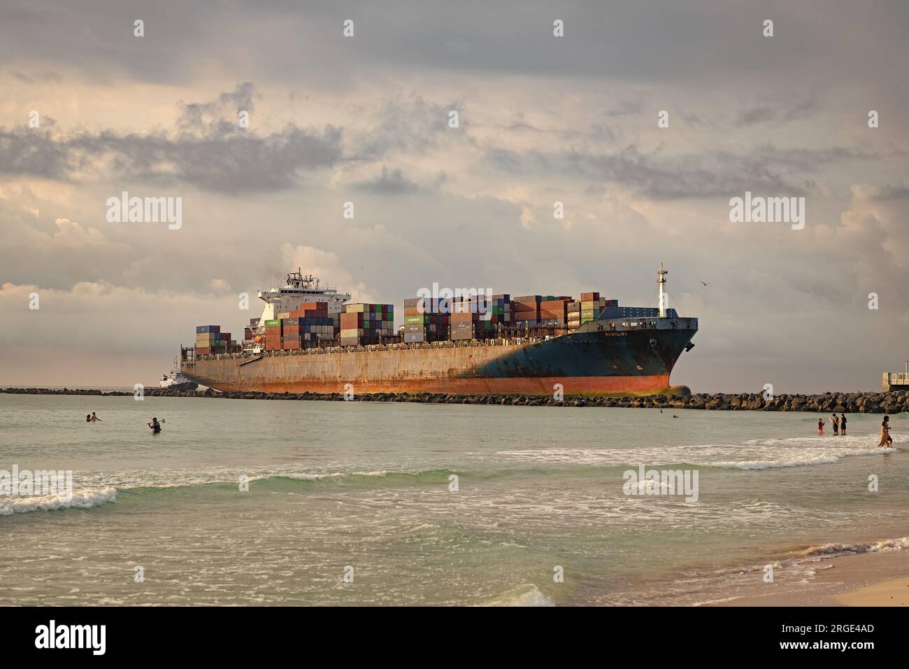 Miami Beach, Florida USA - April 18, 2021: cargo ship with containers ...