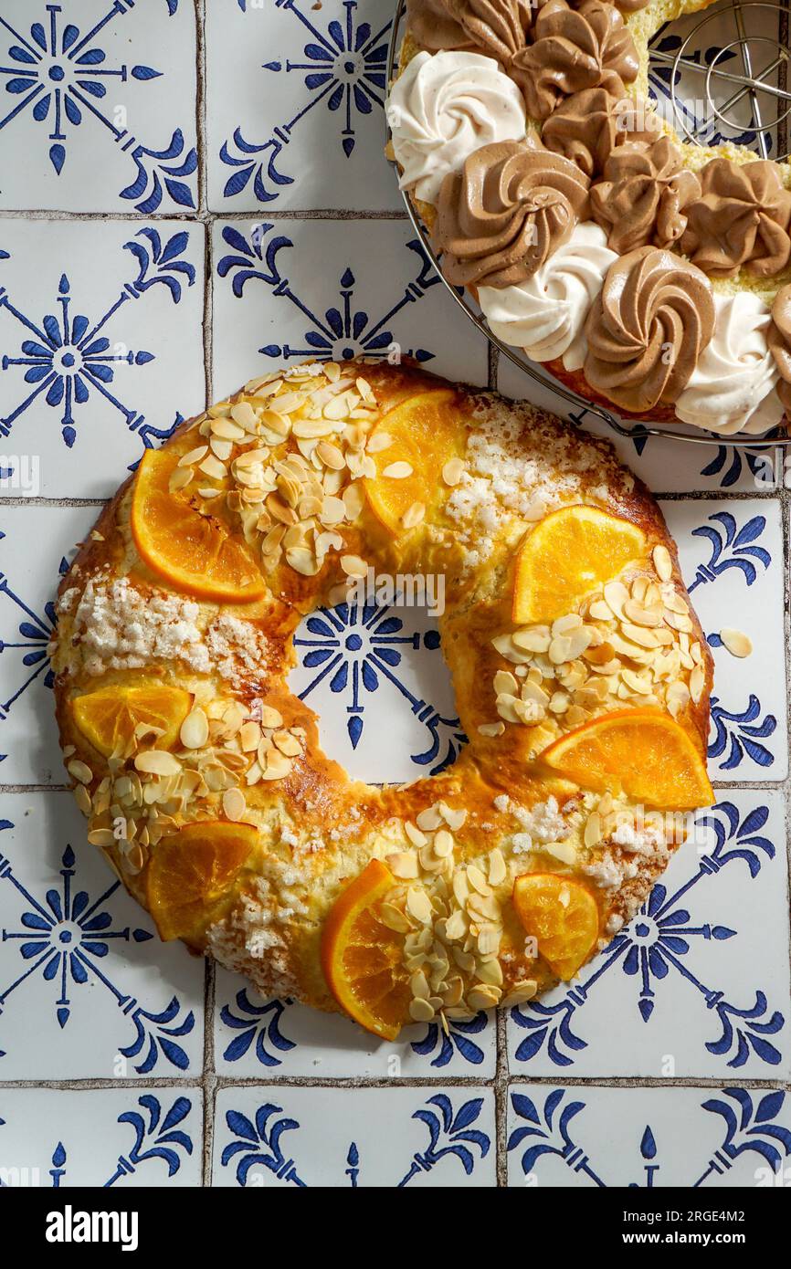 traditional Christmas cake roscon de reyes with figurines of the Three ...