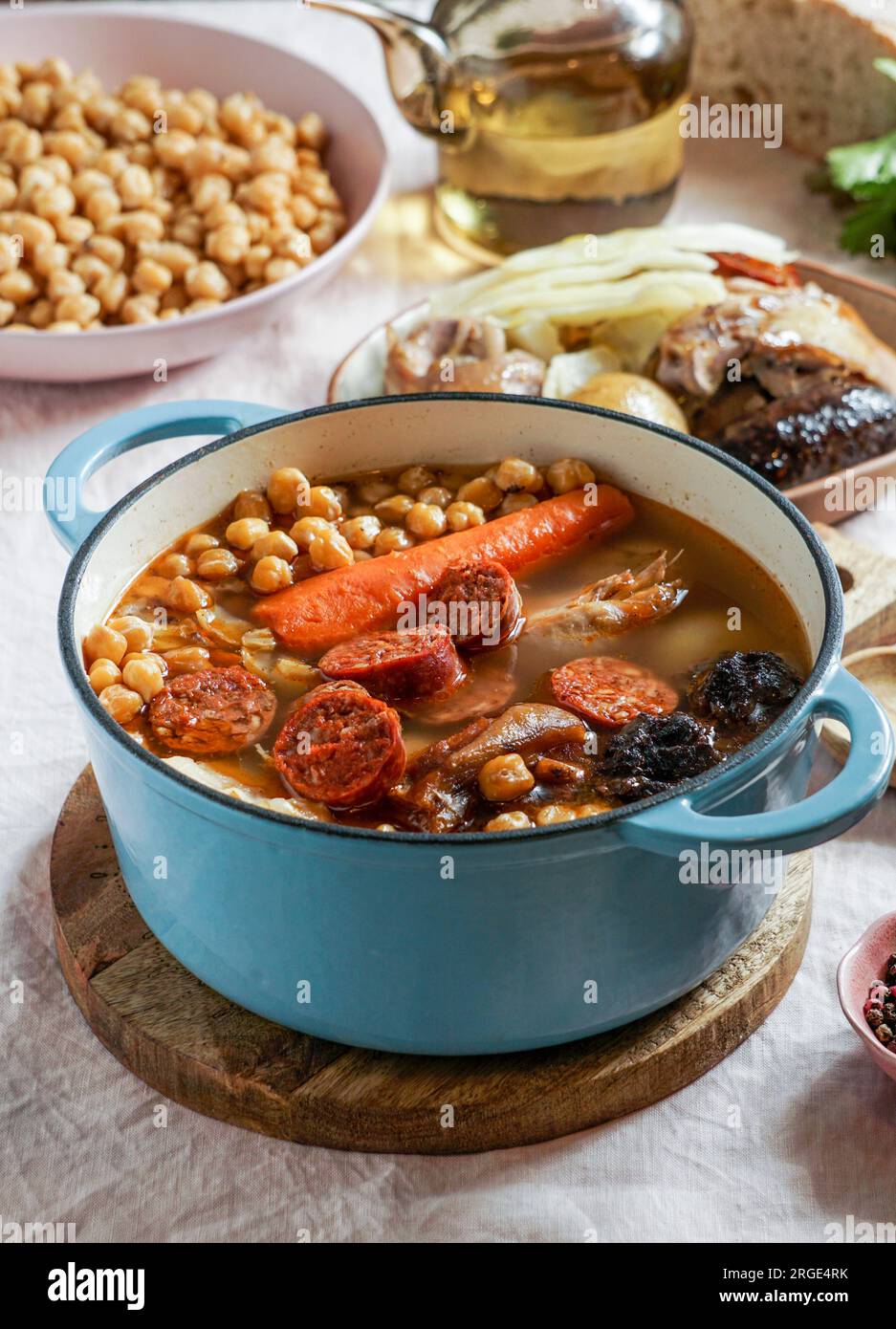 Cocido Madrileño, a traditional Spanish meal, chickpea-based stew from ...