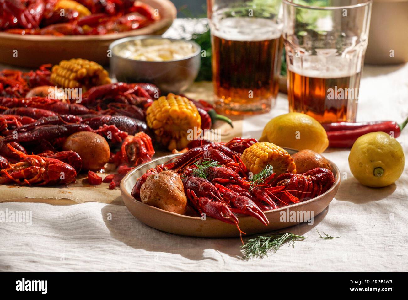 Crawfish party, boiled Louisiana,with corn on the cob, potatoes ...