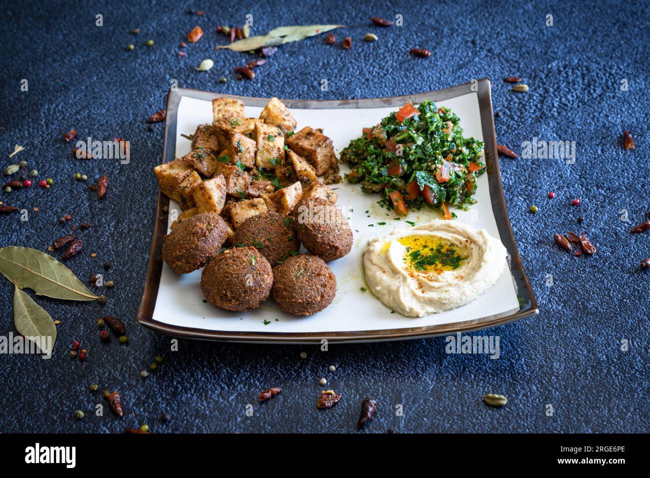 Famous falafel houmous and orienal mixed plate Stock Photo - Alamy