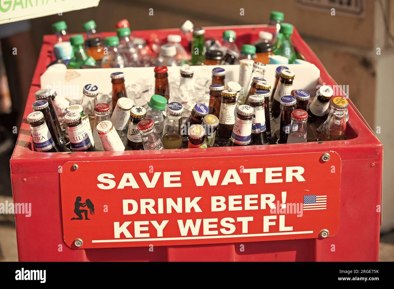 Key West, Florida USA - January 09, 2016: cooler box with beer in ice ...