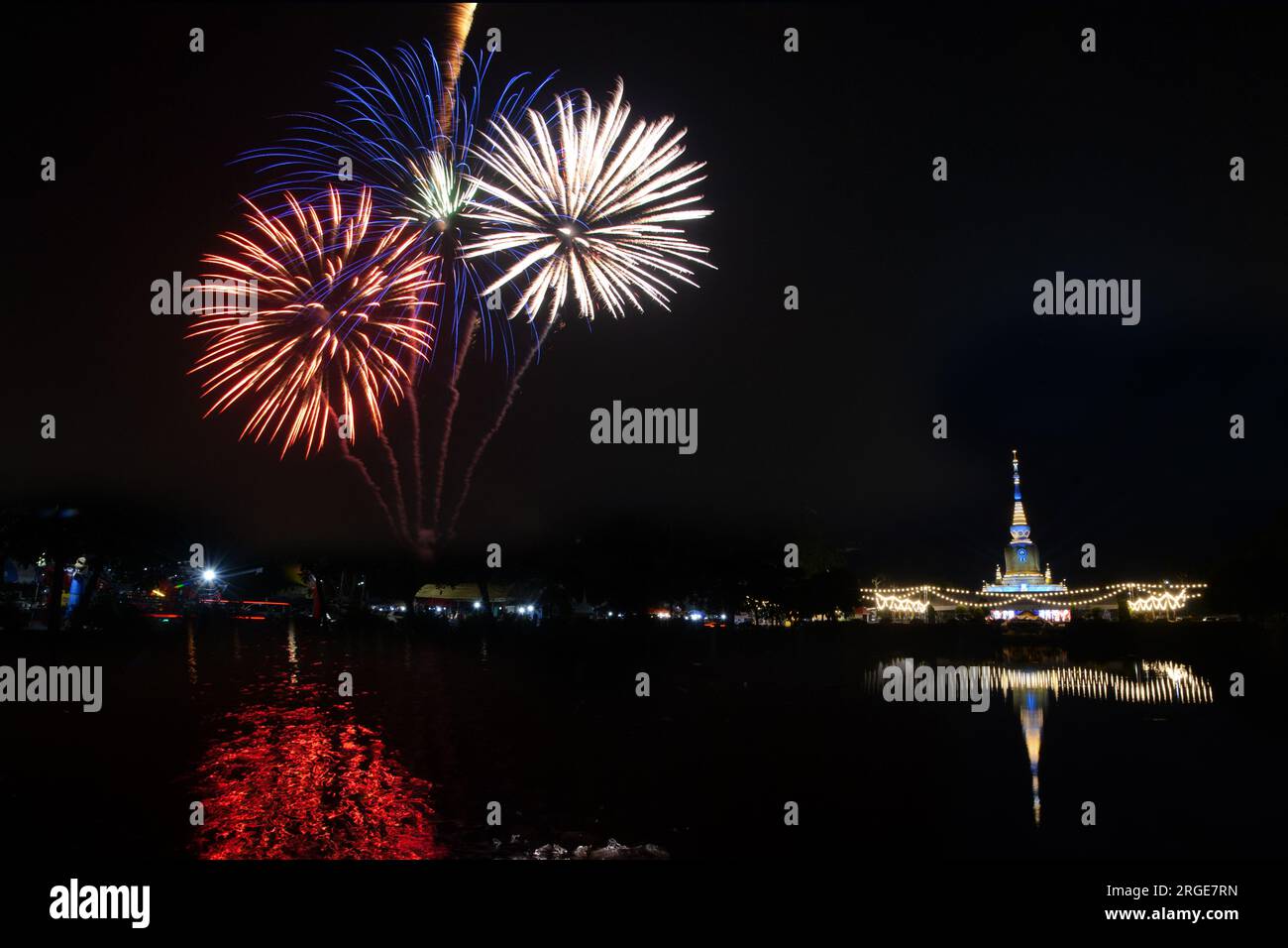 In the night of the pagoda is Phra That Na Dun with beautiful fireworks ...