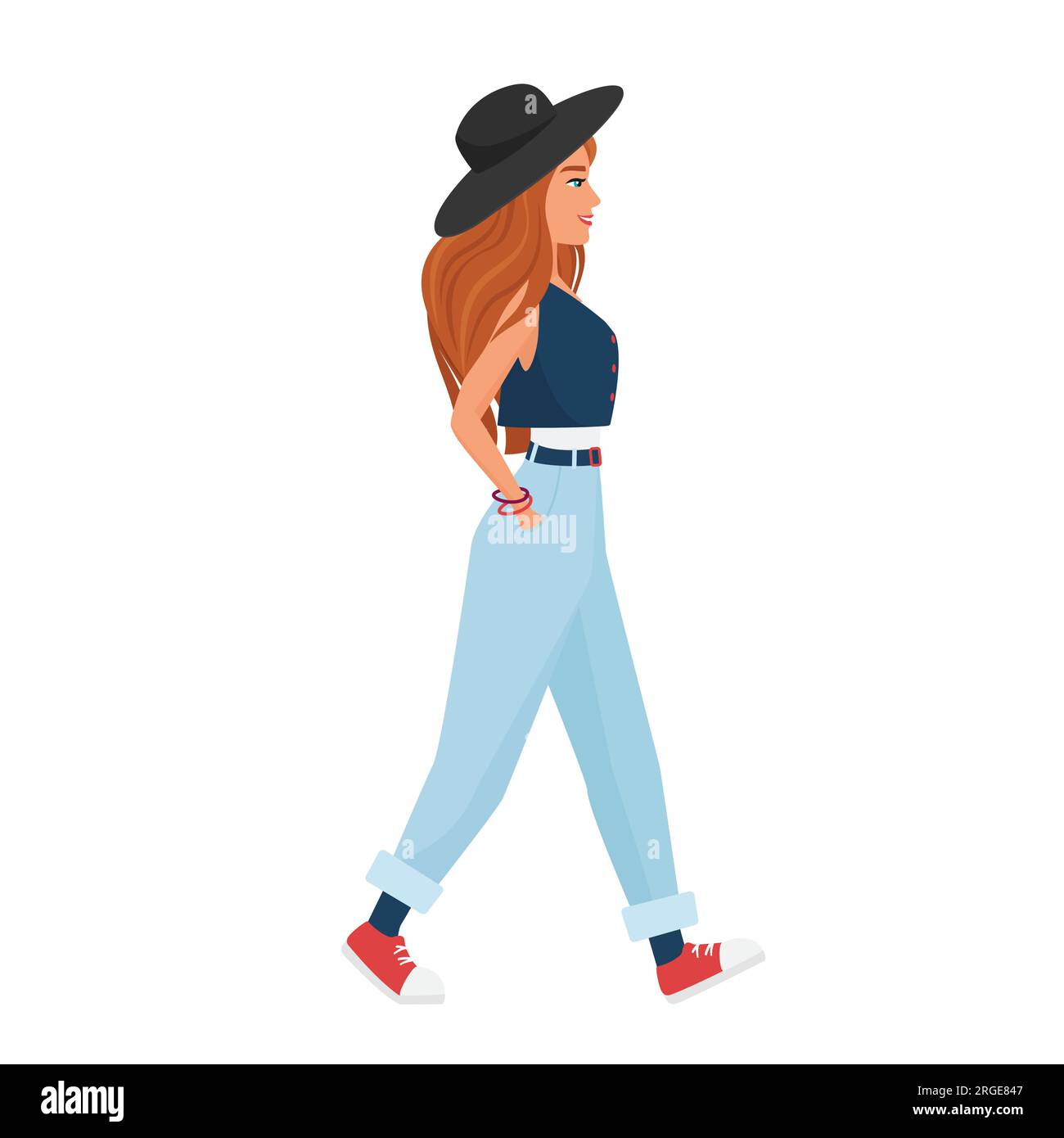 Walking hipster girl. Pretty young woman going for a walk vector ...