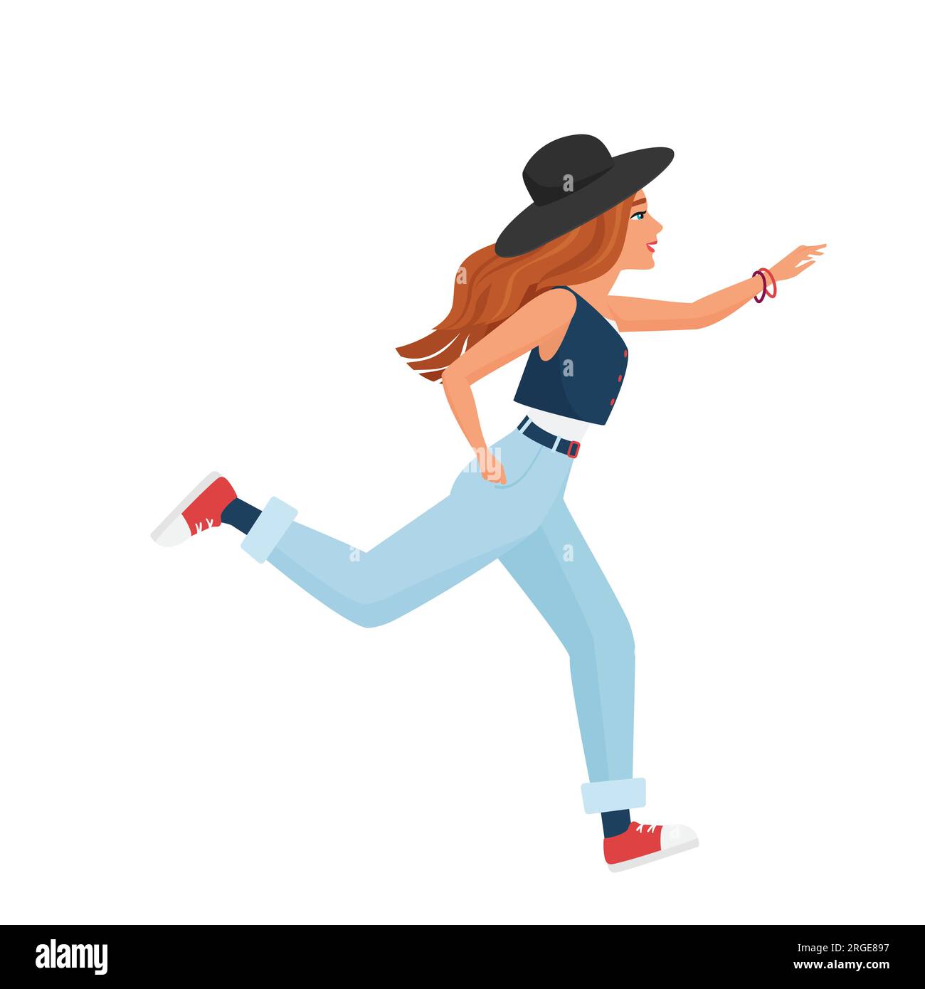 Running hipster girl. Young woman in a hurry late, casual dressed girl ...