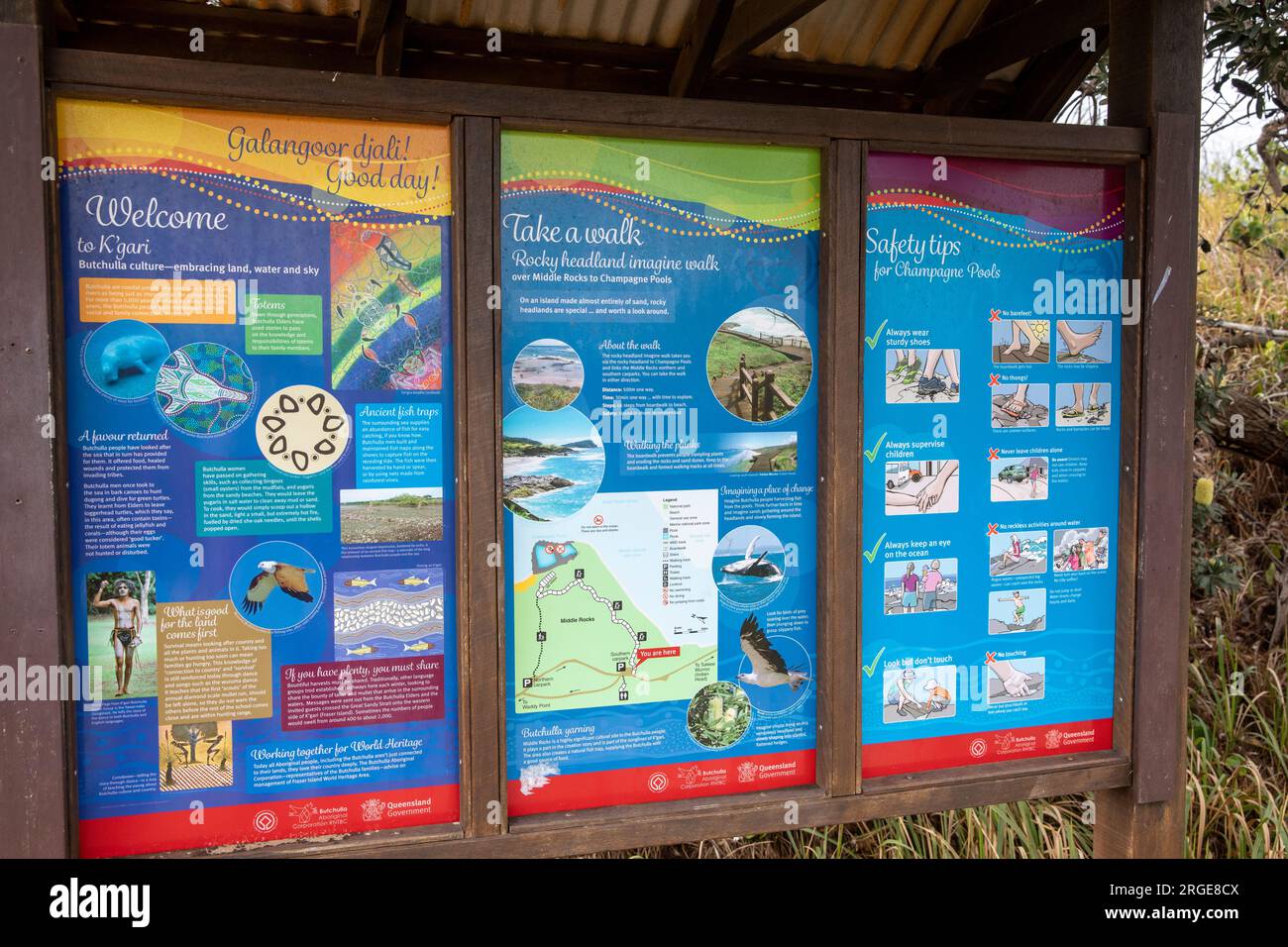 Champagne pools Fraser Island K'gari, signage and information board for ...