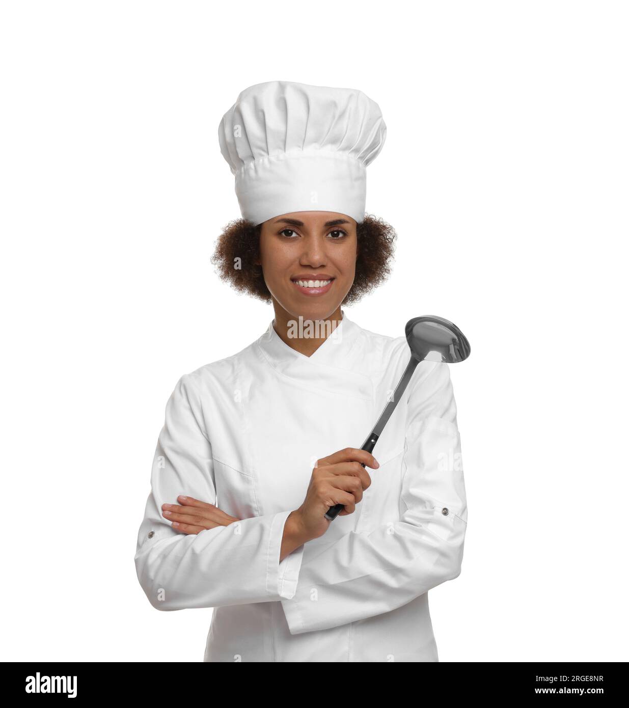 Happy female chef in uniform holding ladle on white background Stock ...
