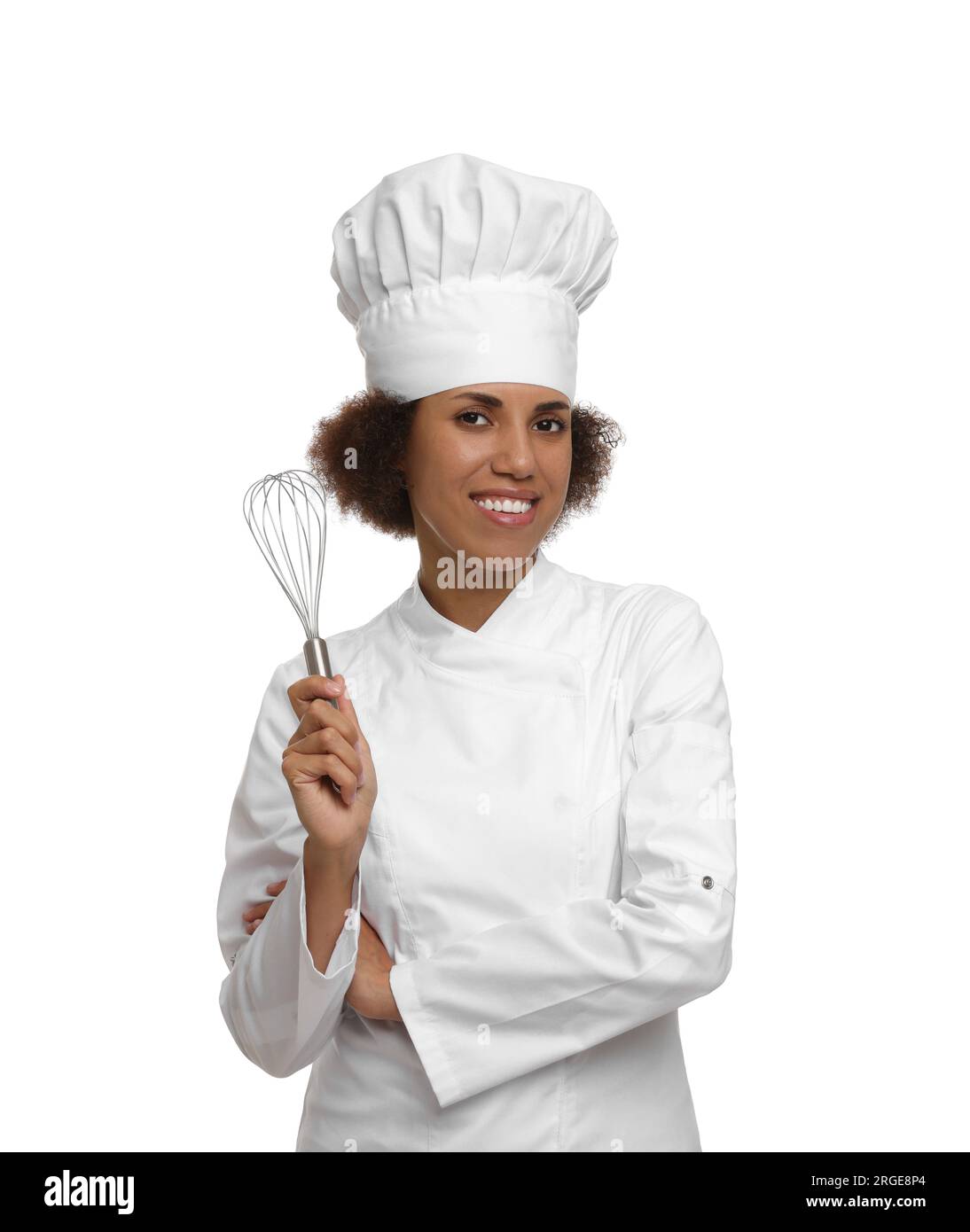 Happy female chef in uniform holding whisk on white background Stock ...