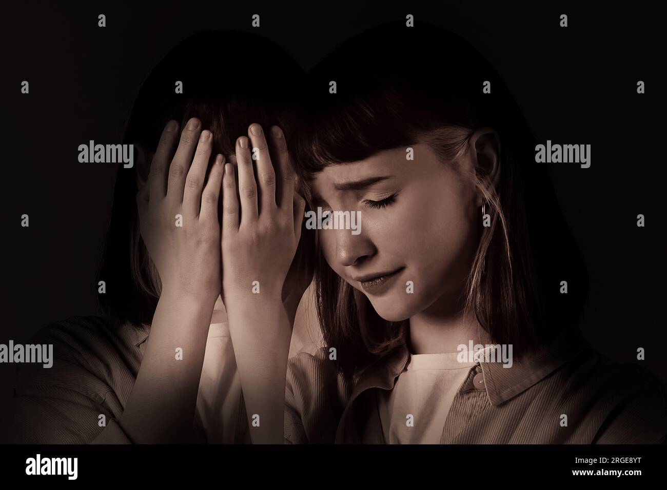 Suffering from hallucinations. Double exposure with photos of young ...