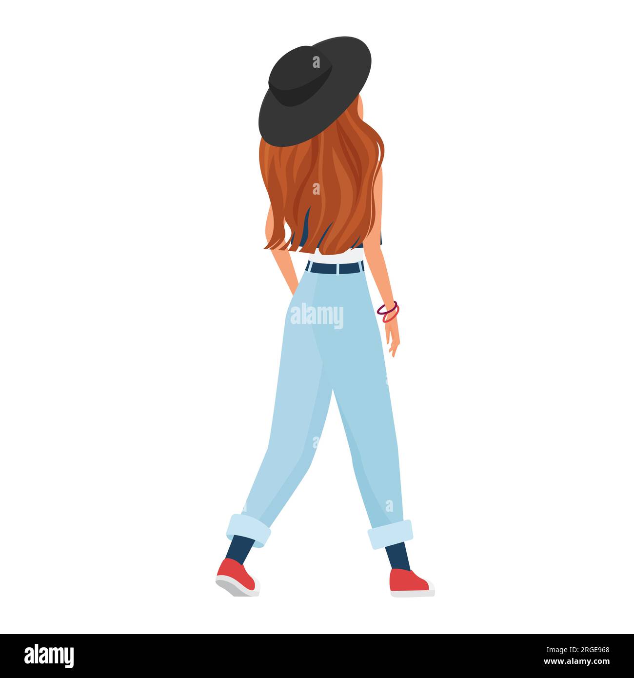 Back view of walking hipster girl. Stylish young lady with hat vector ...