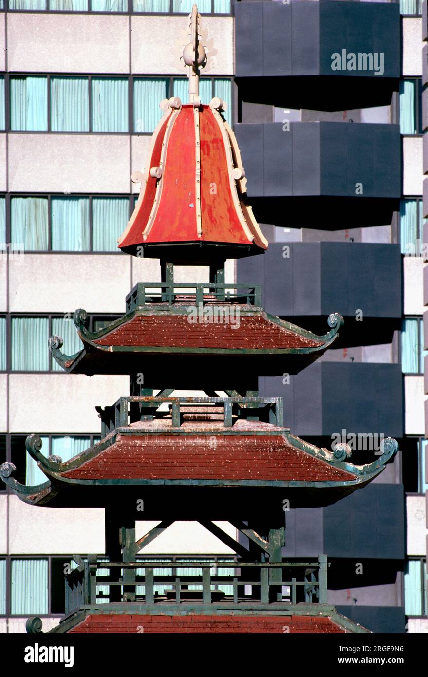 Traditional pagoda style structure on roof of building in Chinatown ...