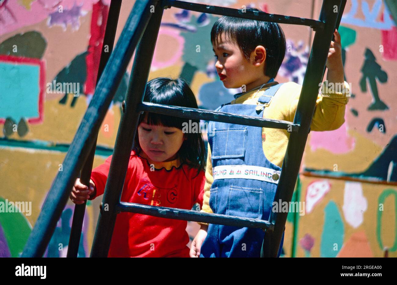 Chinese kids playing on a jungle gym in Portsmouth Square during a Hop ...