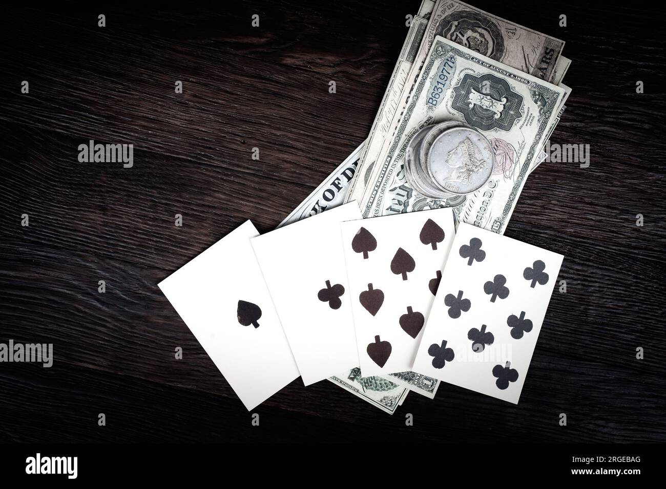 Dead man's hand. Two-pair poker hand consisting of the black aces and black eights with bet ...