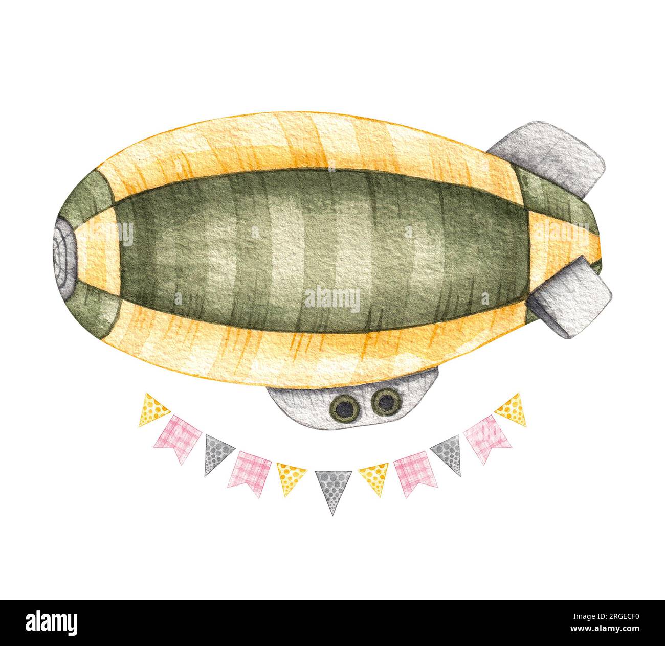 Watercolor hand drawn airship. Princess, castles in the air, rainbow ...