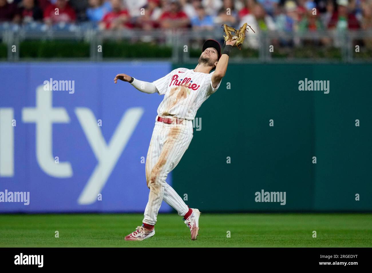 Philadelphia Phillies shortstop Trea Turner catches a fly out by ...