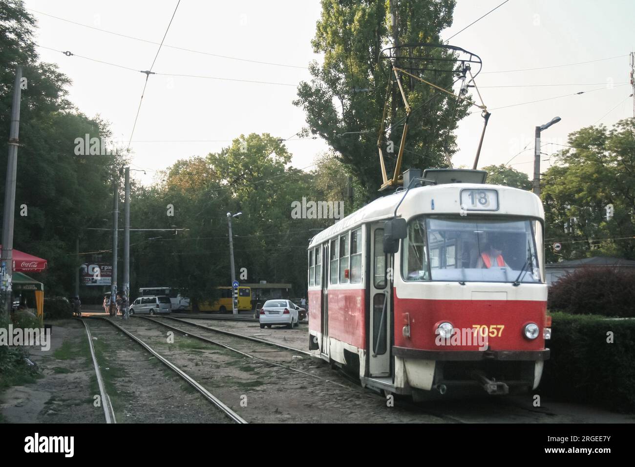 Picture of a Tatra T3 tram on display at the depot of Odessa tram i ...