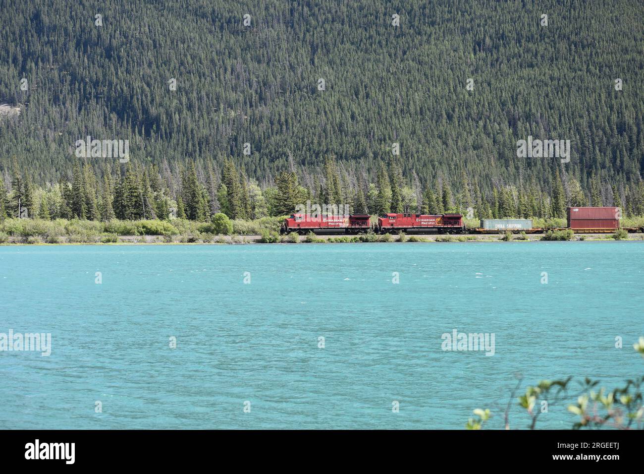 Canadian Pacific train rolling through the Canadian Rockies along the ...