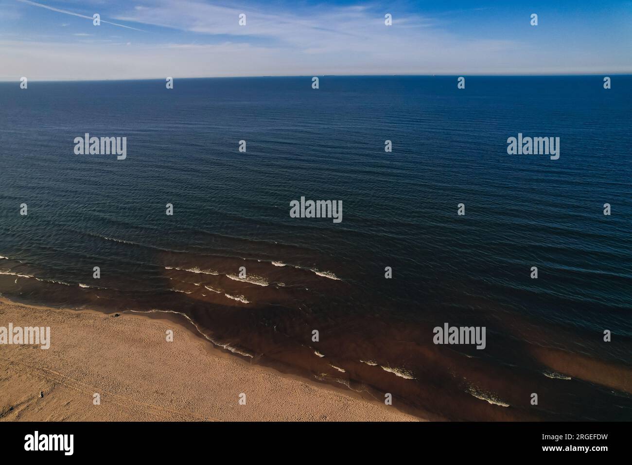 Drone aerial view of waves sea ocean coast. Beach and dunes dark calm ...