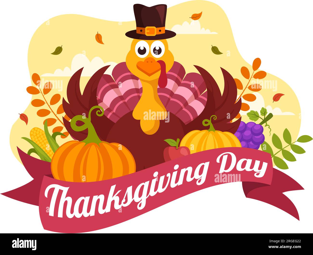 Happy Thanksgiving Day Vector Illustration with Turkey Bird, Pumpkin ...