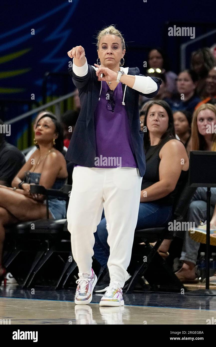 Las Vegas Aces head coach Becky Hammon instructs her team in the first ...