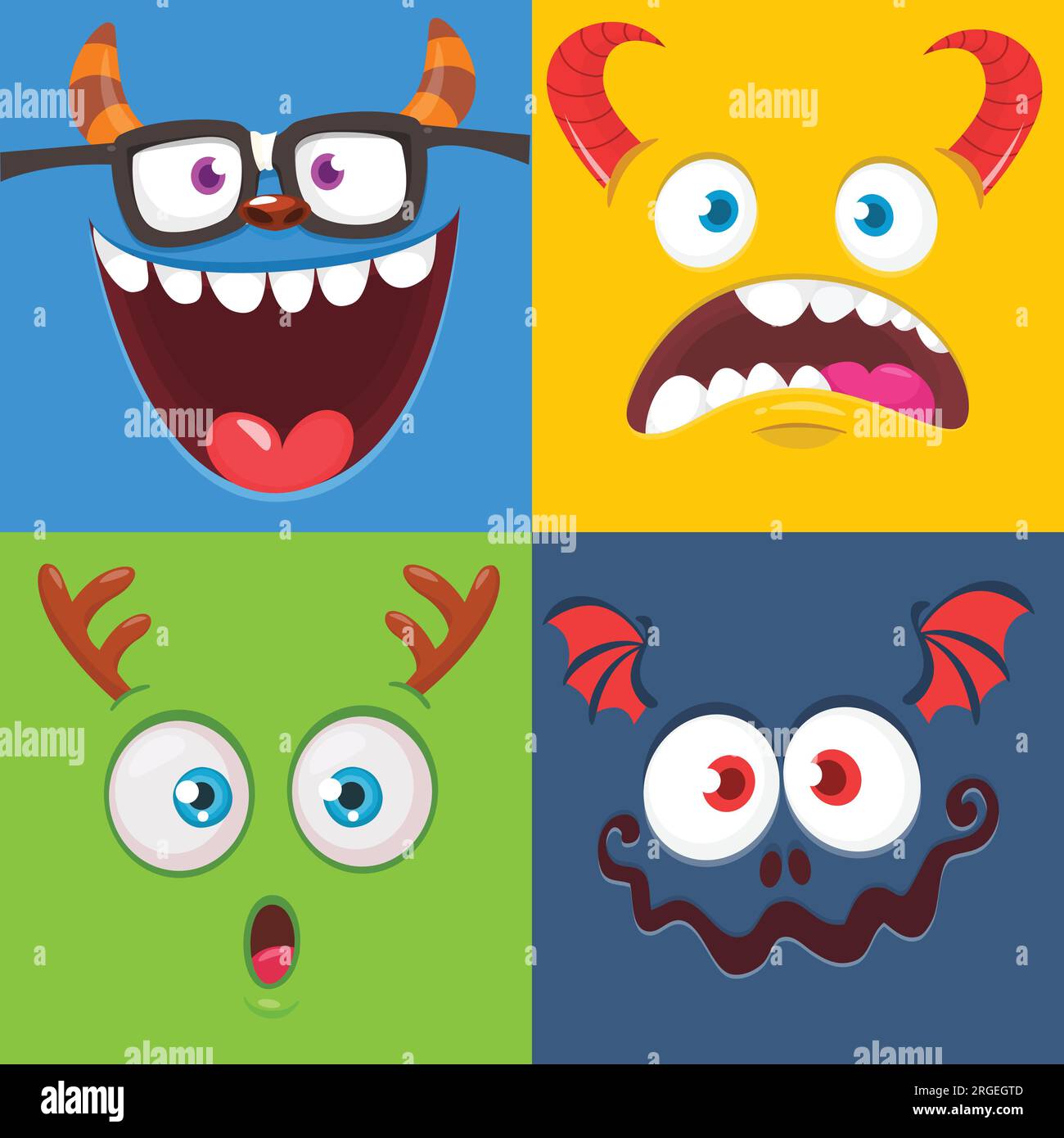 Funny cartoon monster faces emotions set. Illustration of mythical ...