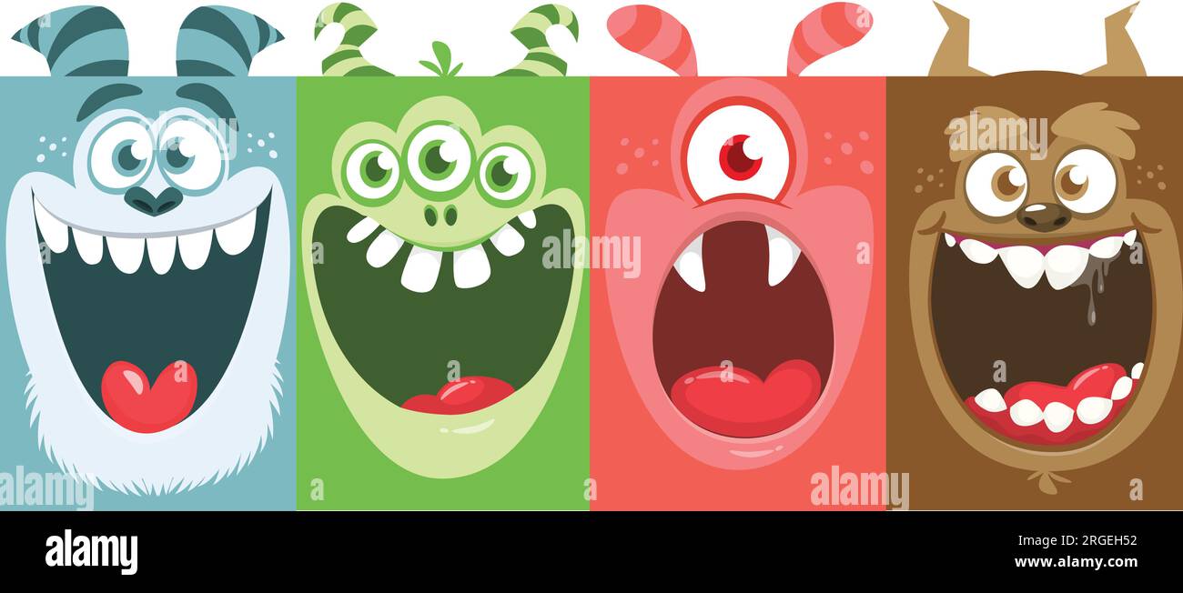 Funny cartoon monster faces emotions set. Illustration of mythical ...