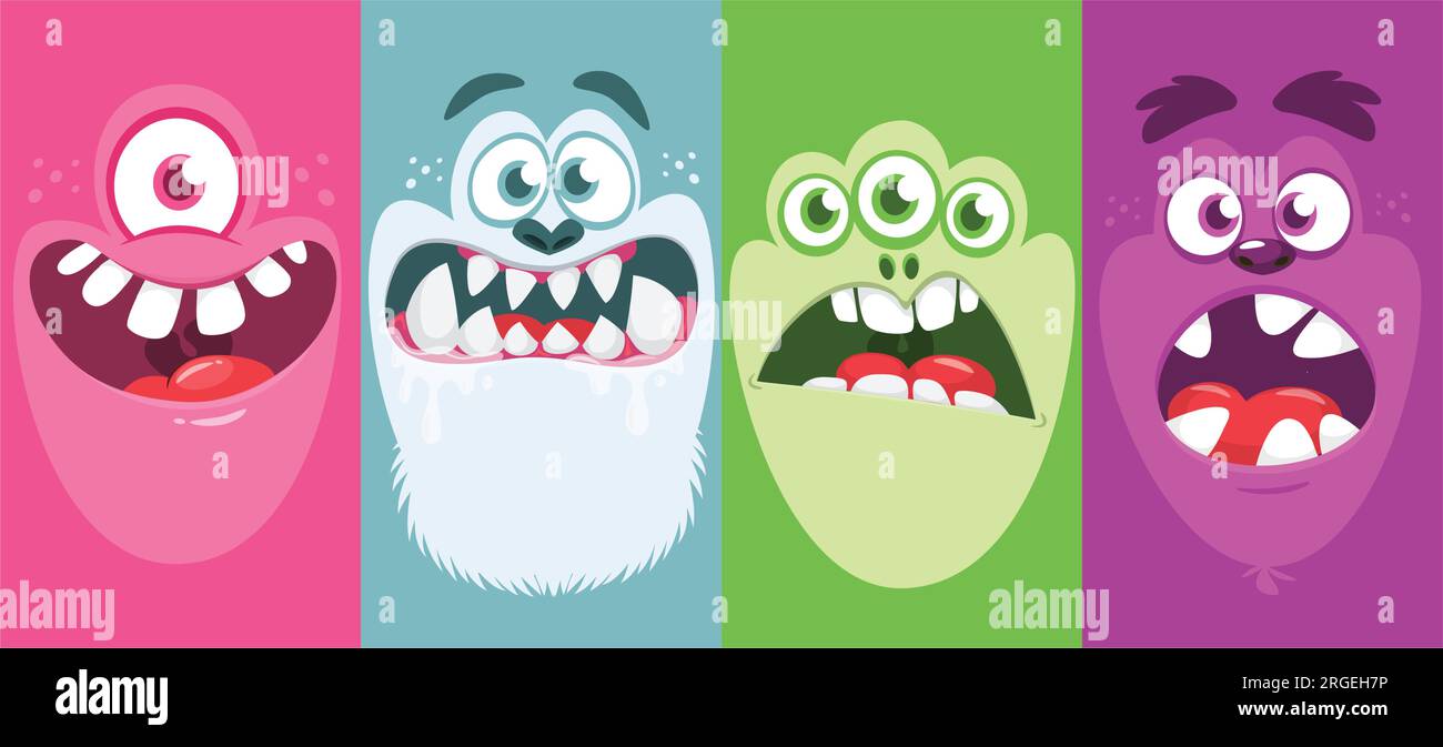 Funny cartoon monster faces emotions set. Illustration of mythical ...