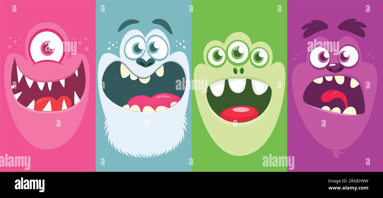 Funny cartoon monster faces emotions set. Illustration of mythical ...