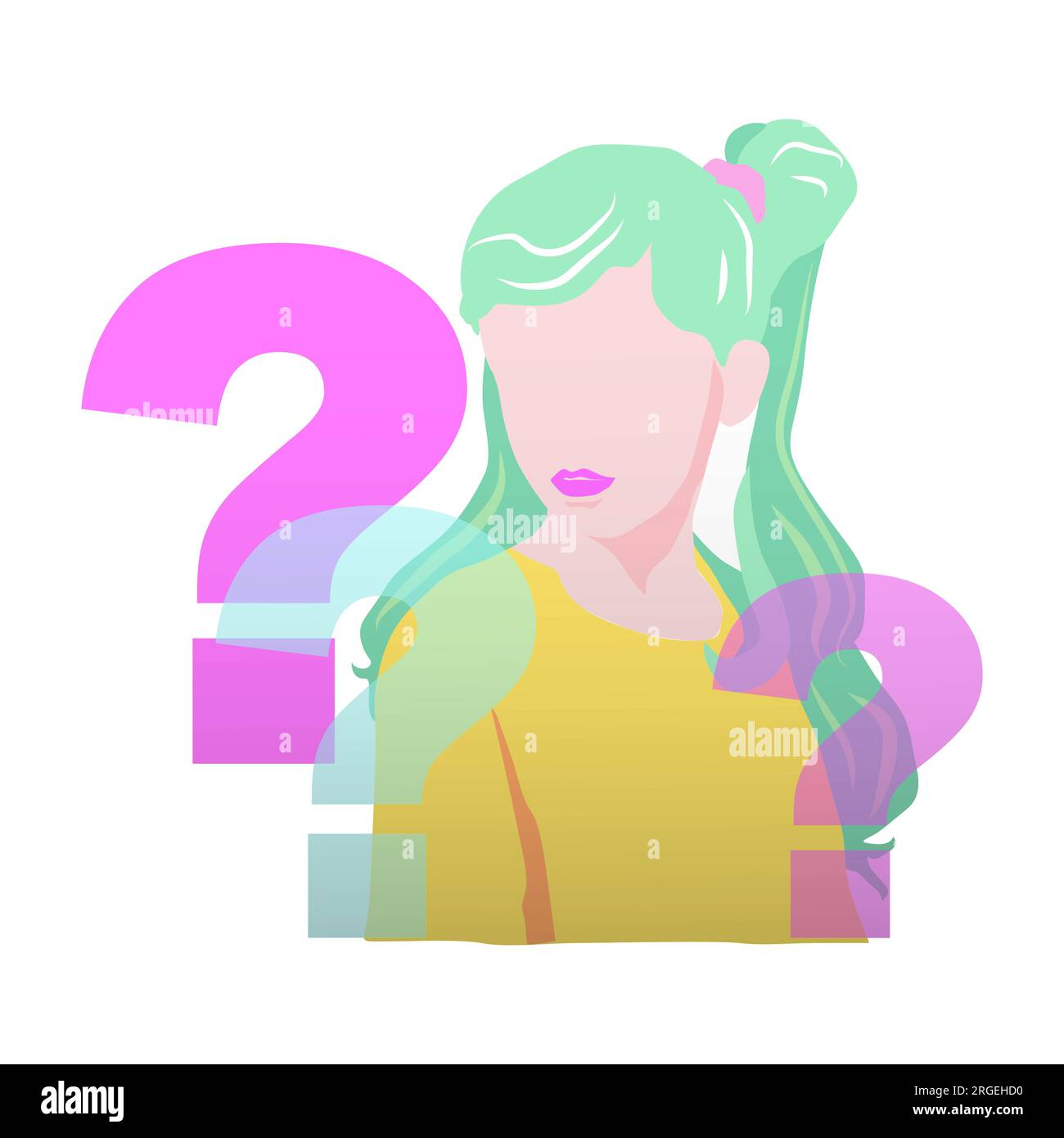 Vector retro risograph design with a teenage girl with question marks ...
