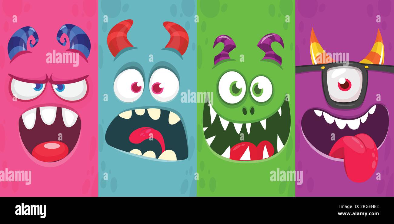 Funny cartoon monster faces emotions set. Illustration of mythical ...