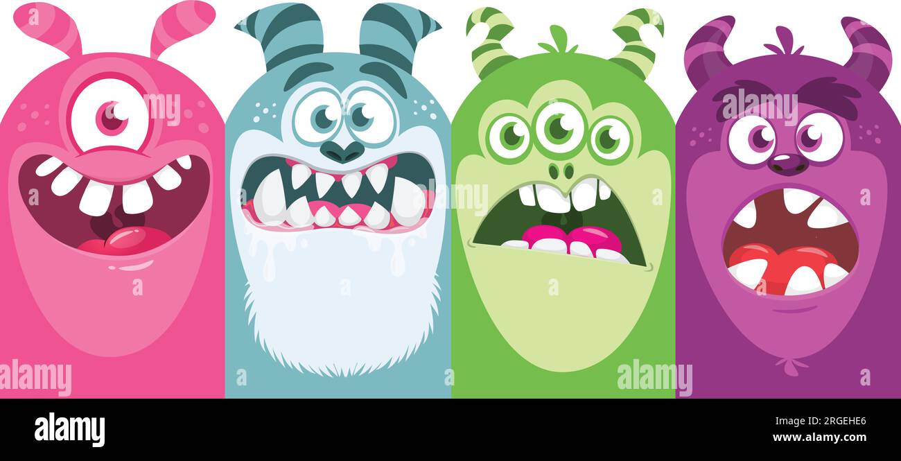 Funny cartoon monster faces emotions set. Illustration of mythical ...